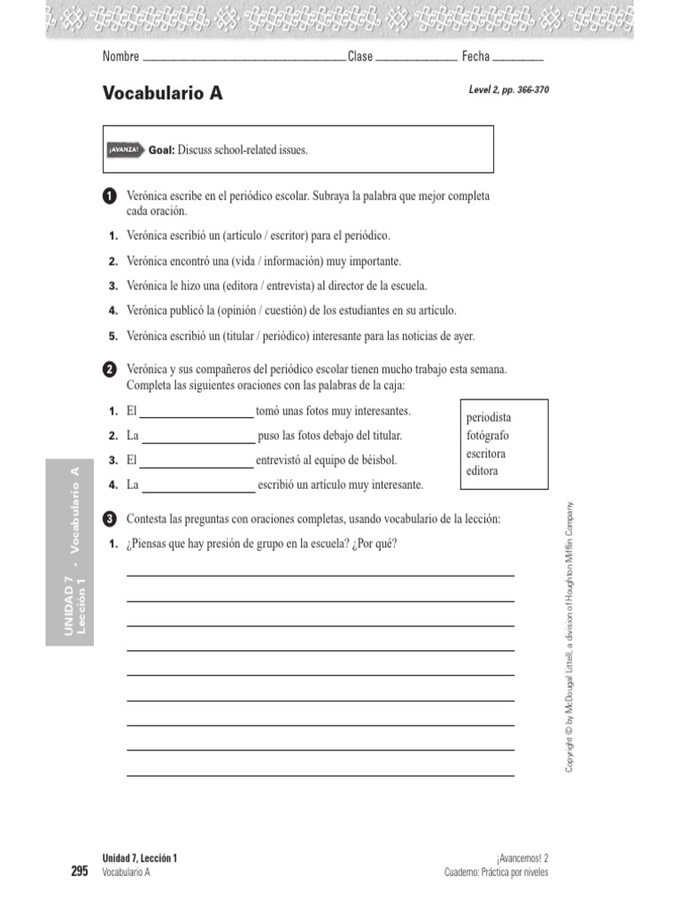 Chapter 7 Lesson 1 Avancemos 2 | PDF