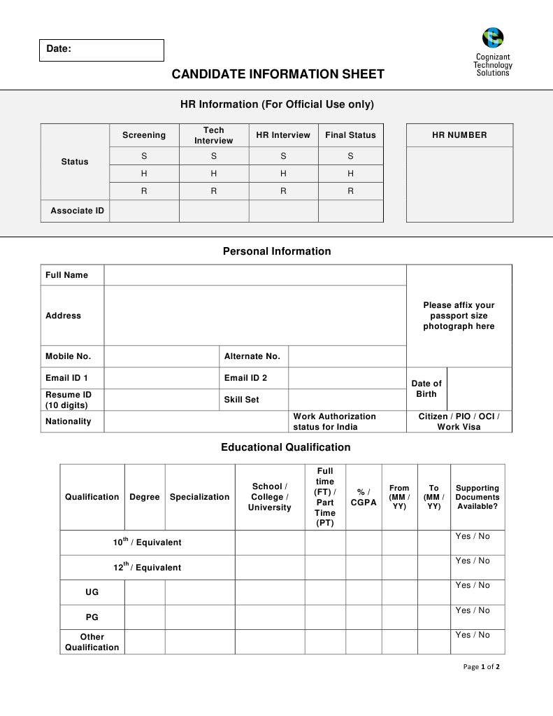 Candidate Information Sheet Template | PDF
