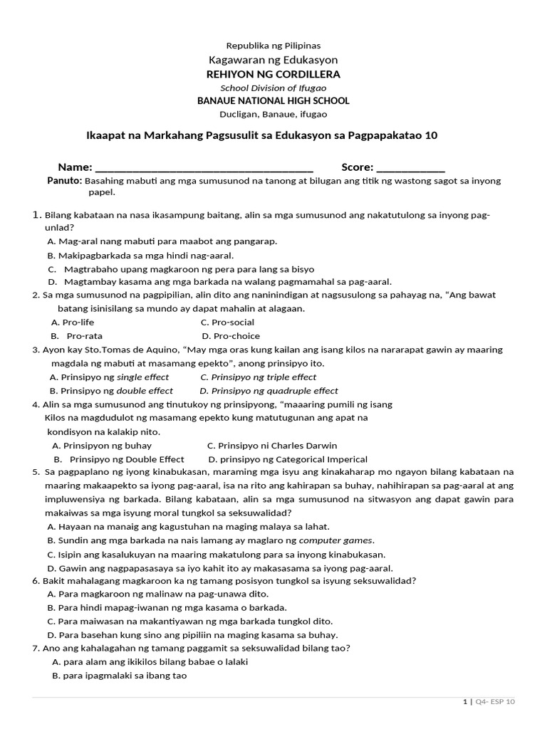 Fourth Quarter Test in Esp 10 | PDF