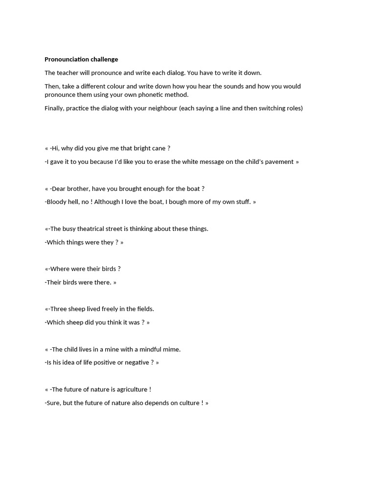 Pronounciation Challenge With Silly Dialogs | PDF
