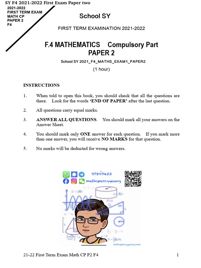Sy f4 2021 2022 First Exam Paper Two | PDF | Quadratic Equation | Area