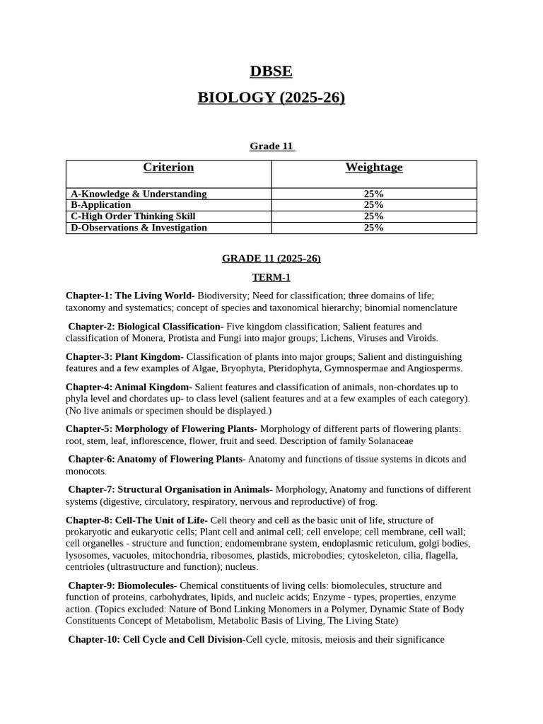Grade 11, BIOLOGY Syllabus (2025-26) | PDF | Cell (Biology) | Cellular ...