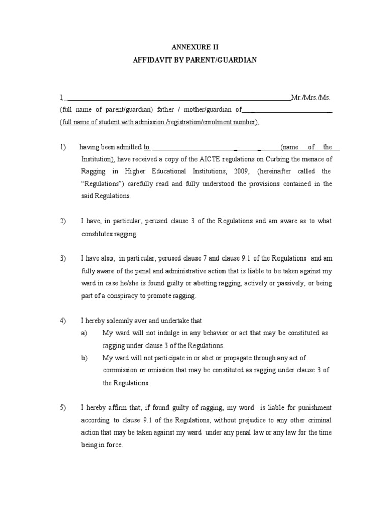 Annexure Ii Affidavit by Parent/Guardian | PDF | Law