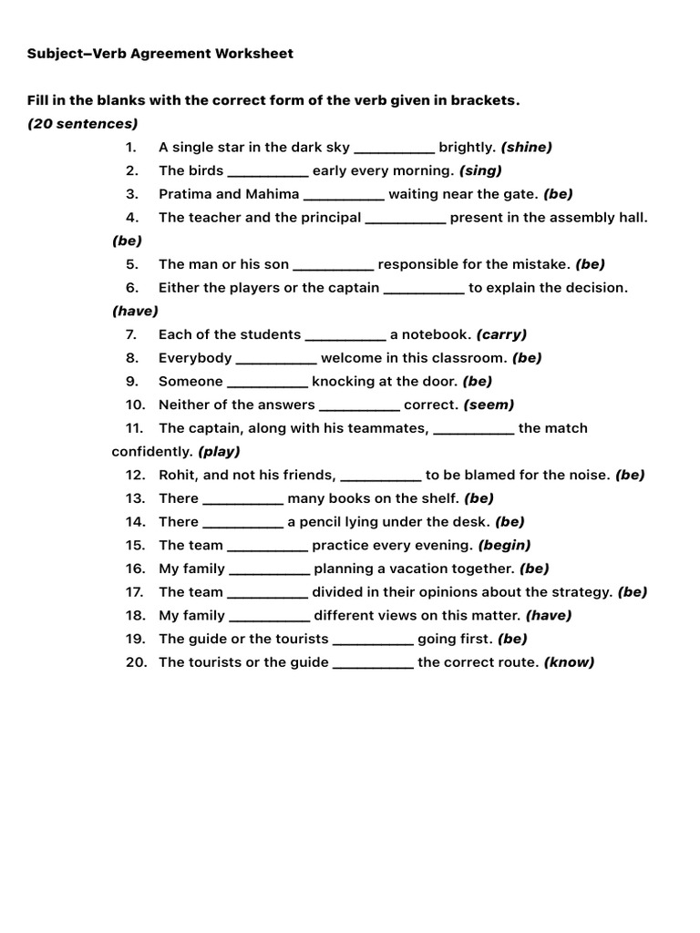 Subject-Verb Agreement Worksheet | PDF