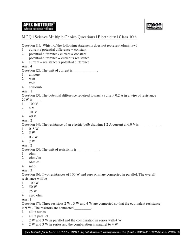 Electric Current MCQ | PDF | Volt | Series And Parallel Circuits