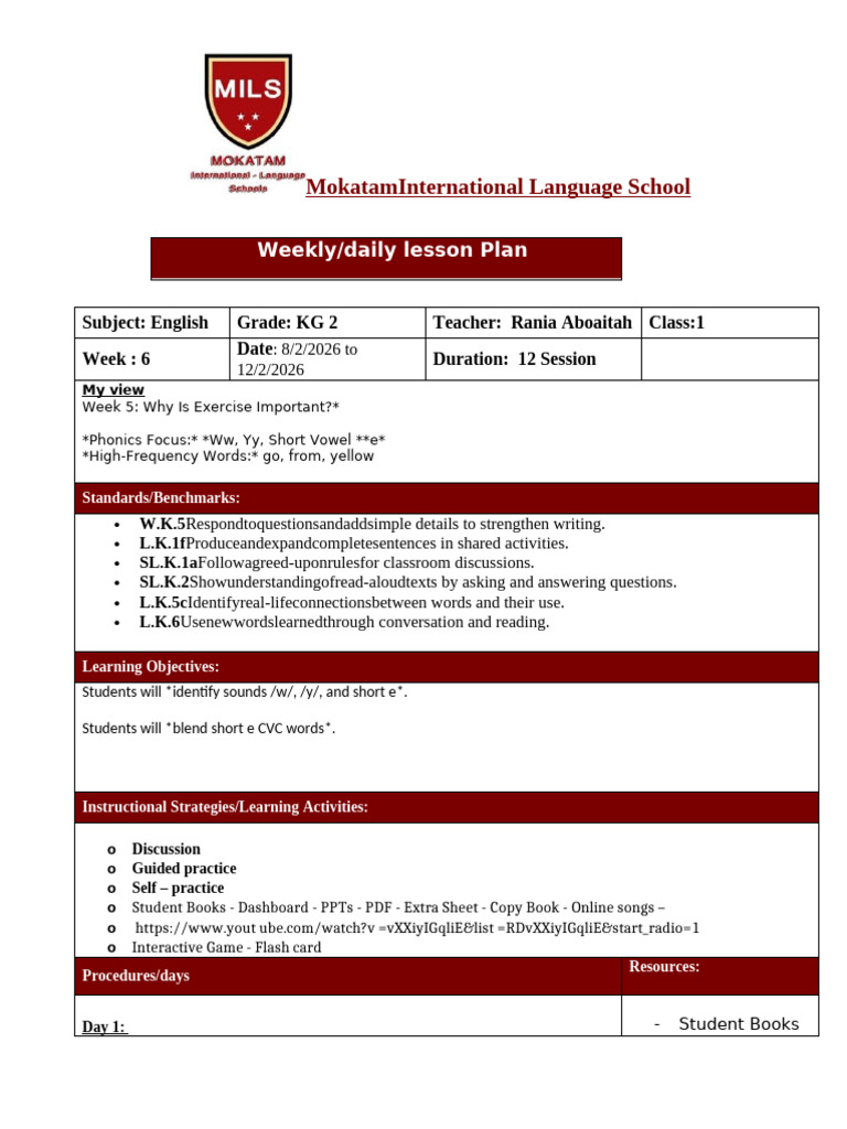 Weekly Lesson Plan W 6. ENGLISH | PDF | Reading Comprehension | Phonics