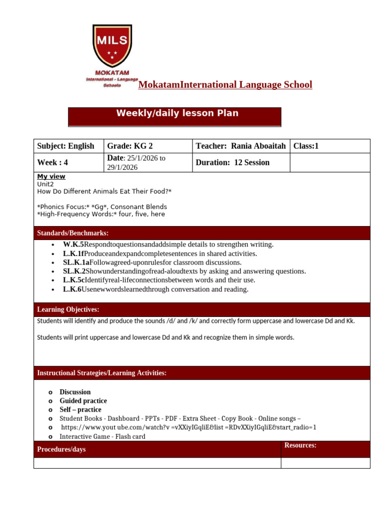 Weekly Lesson Plan W 4 ENGLISH | PDF | Phonics | Linguistics