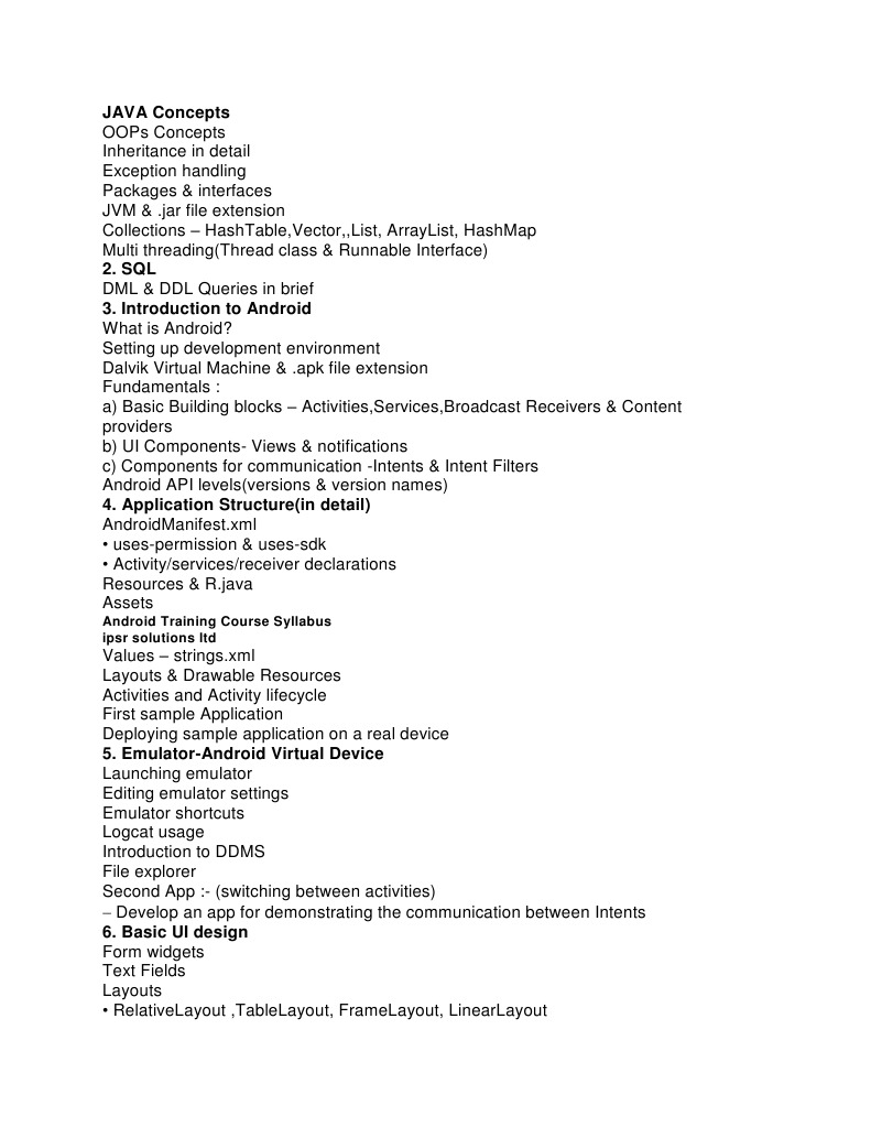 JAVA Concepts: Android Training Course Syllabus Ipsr Solutions LTD ...