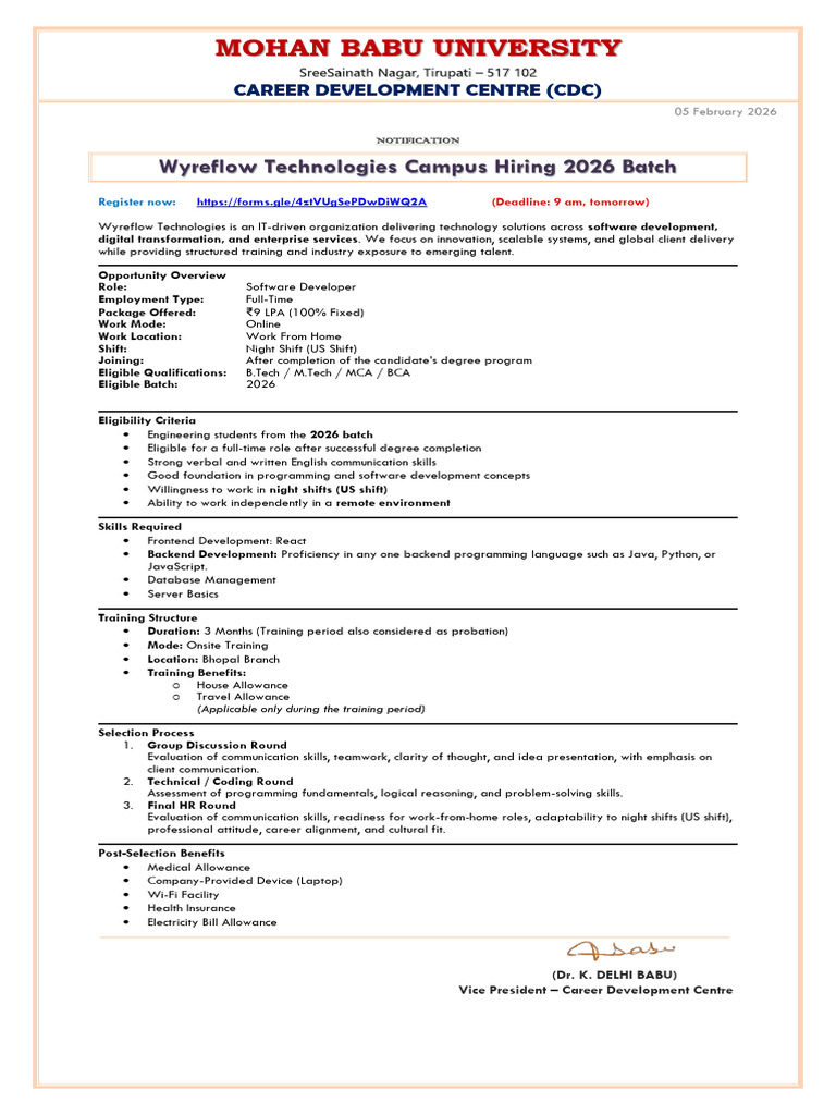 Wyreflow Technologies Campus Recruitment 2026 Batch Notification | PDF ...