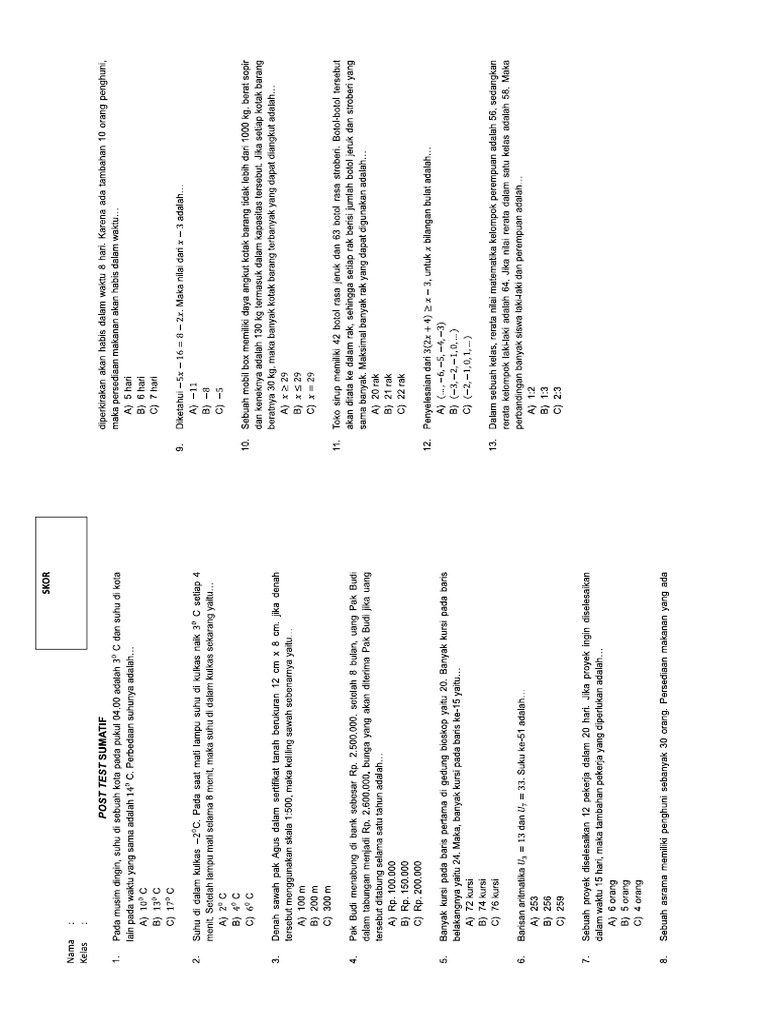 3 Post Test Sumatif Matematika Tka | PDF