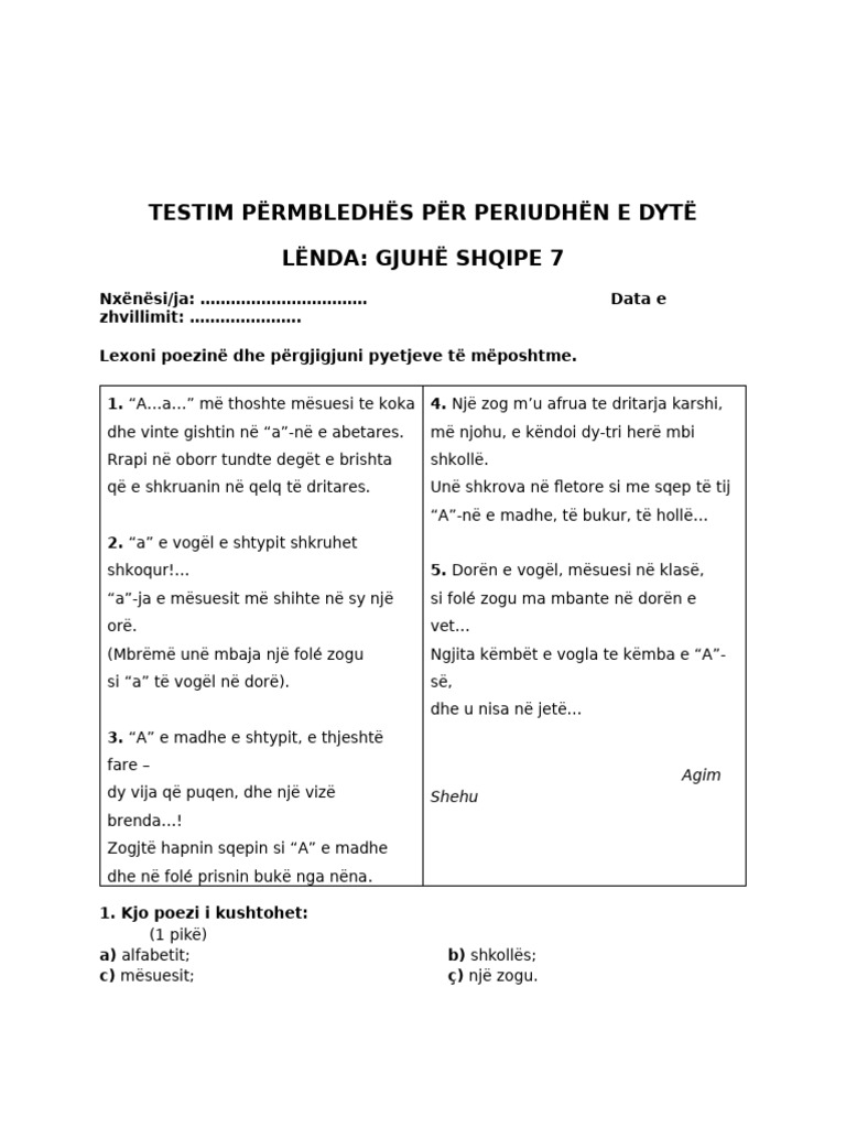577119746 Teste Gjuha Shqipe 7 Periudha II | PDF