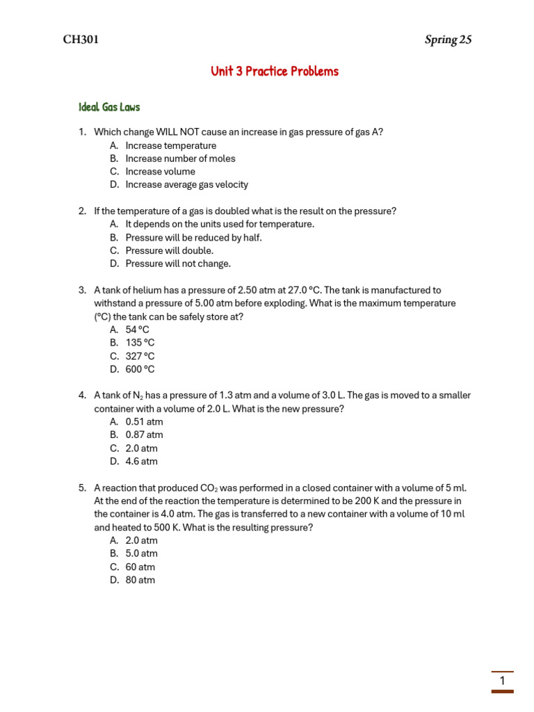 Unit 3 Practice Problems | PDF | Gases | Physical Phenomena