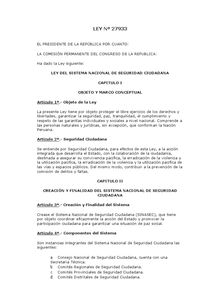 Ley 27933 Ley Del Sistema Nacional De Seguridad Ciudadana United