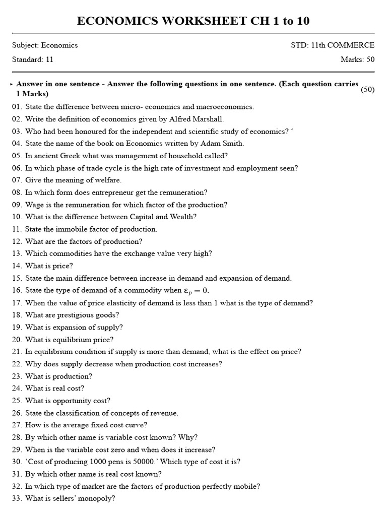 Economics Worksheet CH 1 To 10 | PDF | Economics | Demand