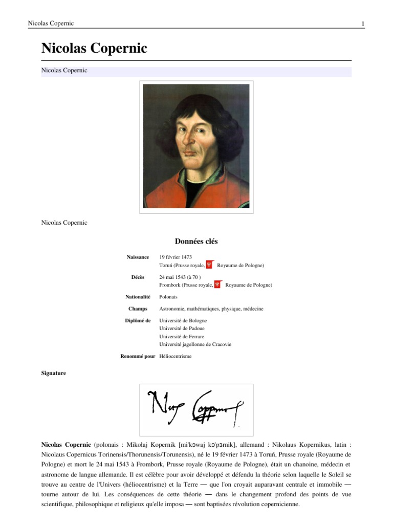 Copernic 2012 - (Wikipédia) Biographie de Nicolas Copernic (1473-1543 ...