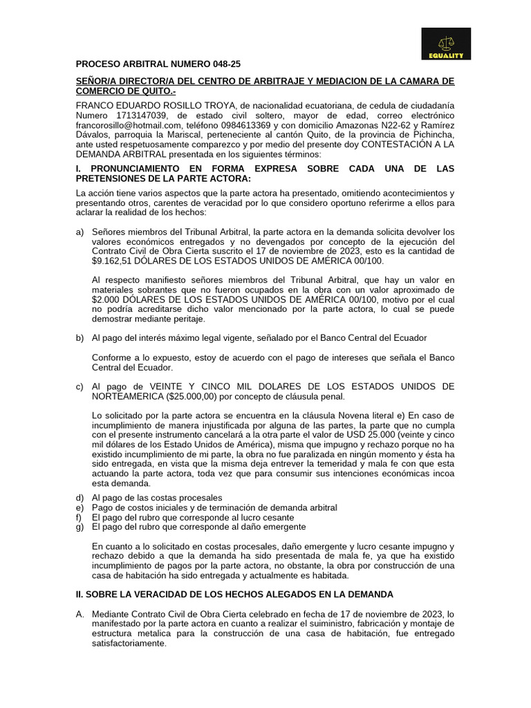 Contestacion Demanda Arbitral Franco Rosillo | PDF