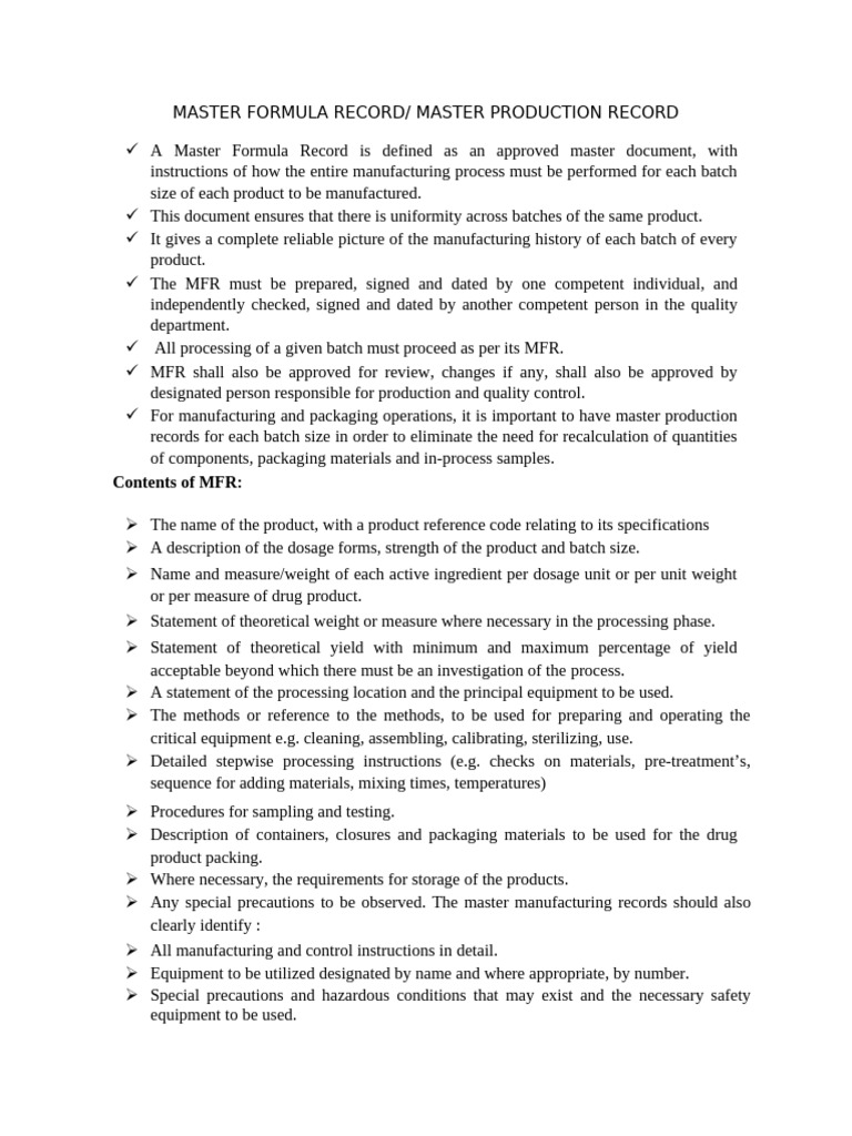 Master Formula Record and Batch Formula Record | PDF | Specification ...