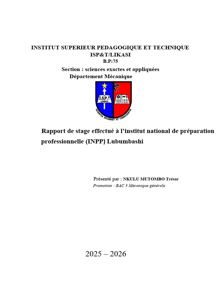 Rapport de Stage Trésor Nkulu PDF Pro | PDF | Énergie pneumatique | Pompe