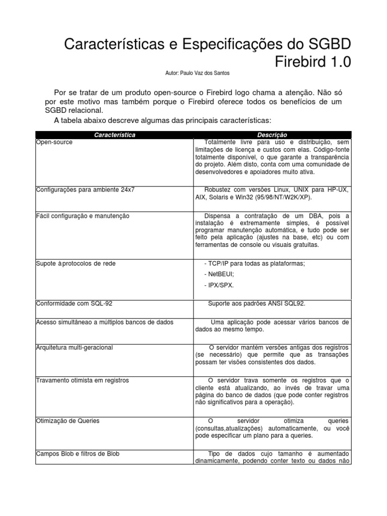 Características E Especificações Do Sgbd Firebird 10 Bancos De Dados Servidor Computação 