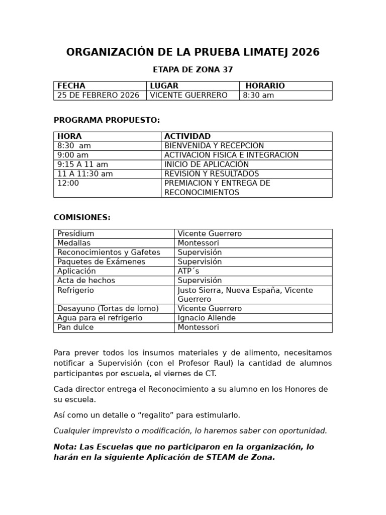 Organización de La Prueba Limatej 2026 | PDF