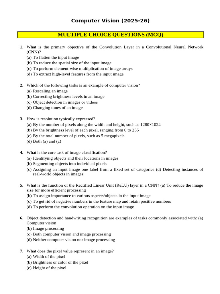Ai 417 Unit 5 Computer Vision Questions and Answers (1) | PDF ...