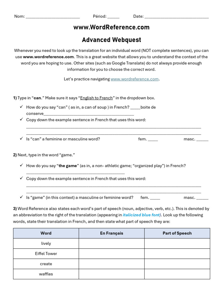 WordReference Webquest | PDF | Grammatical Gender | Verb