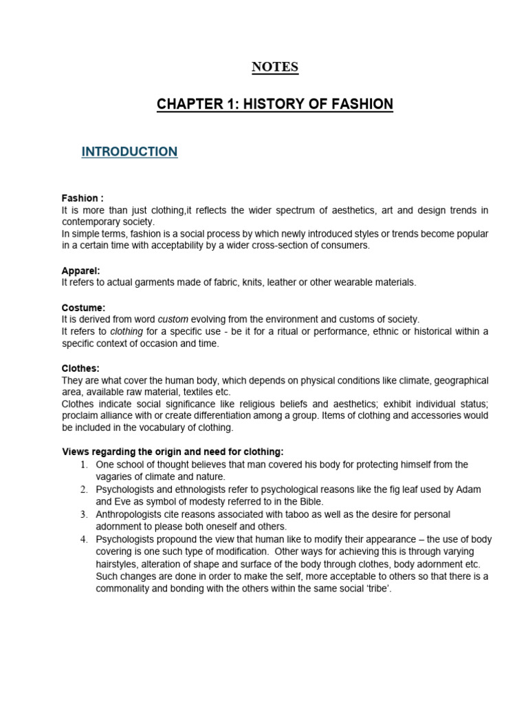 Notes Unit 1_history of Fashion | PDF | Clothing | Textiles