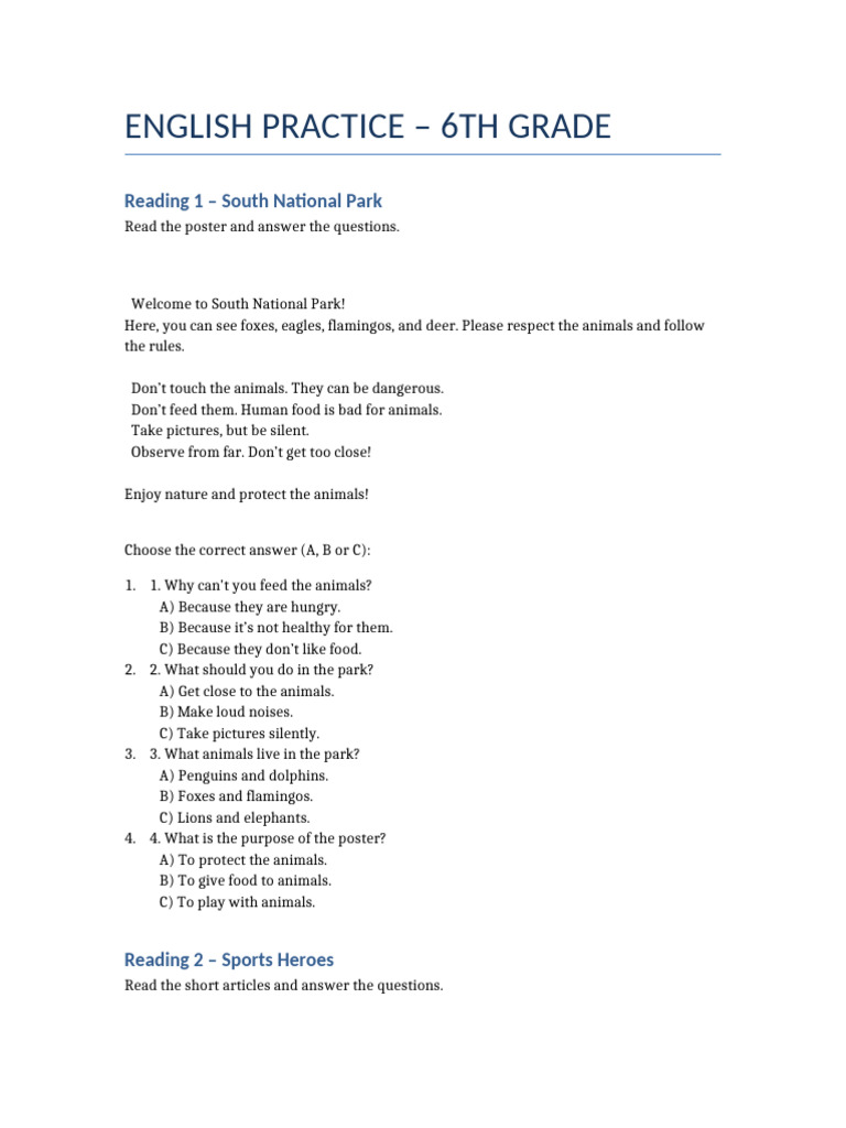 English Practice 6th Grade | PDF