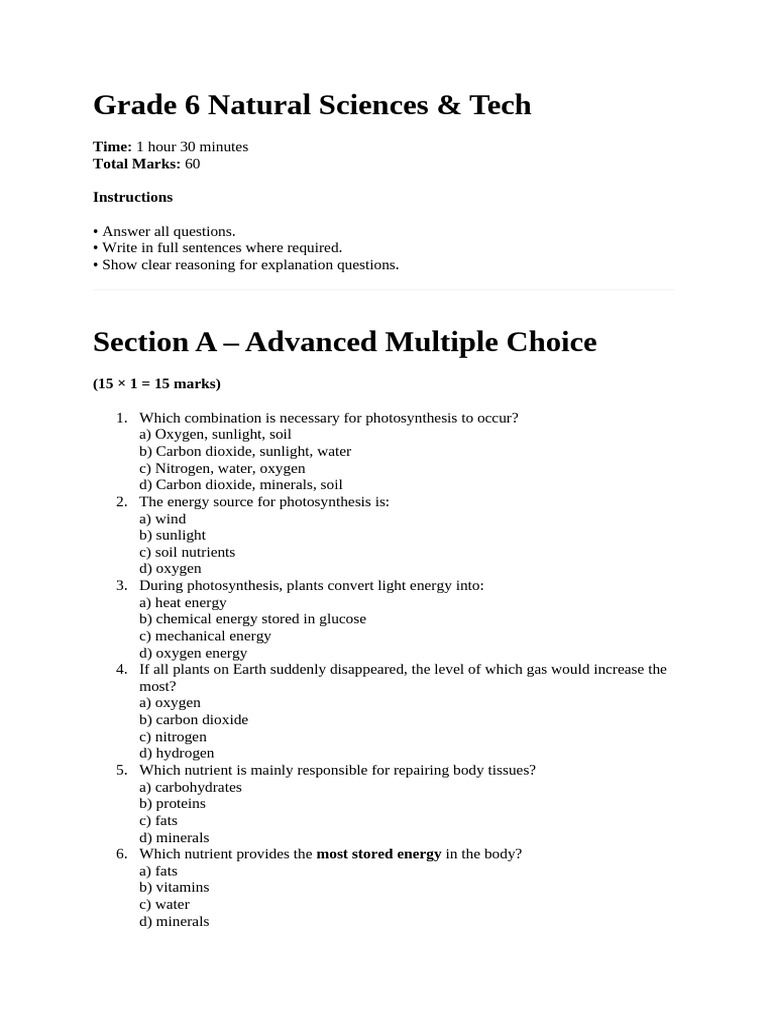 Grade 6 Natural Sciences Test Caps | PDF | Foods | Nutrients