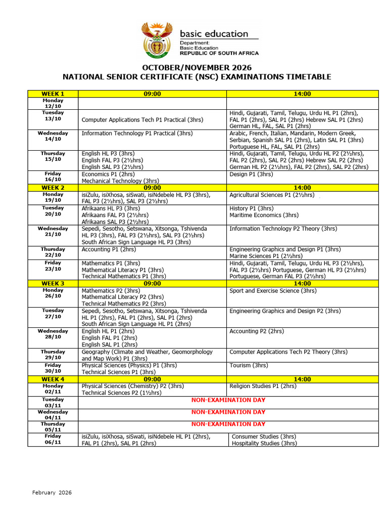 Oct-Nov 2026 NSC Timetable Final February 2026 | PDF | Languages ...