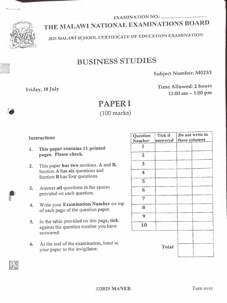 2025 Bus Maneb Paper 1 | PDF