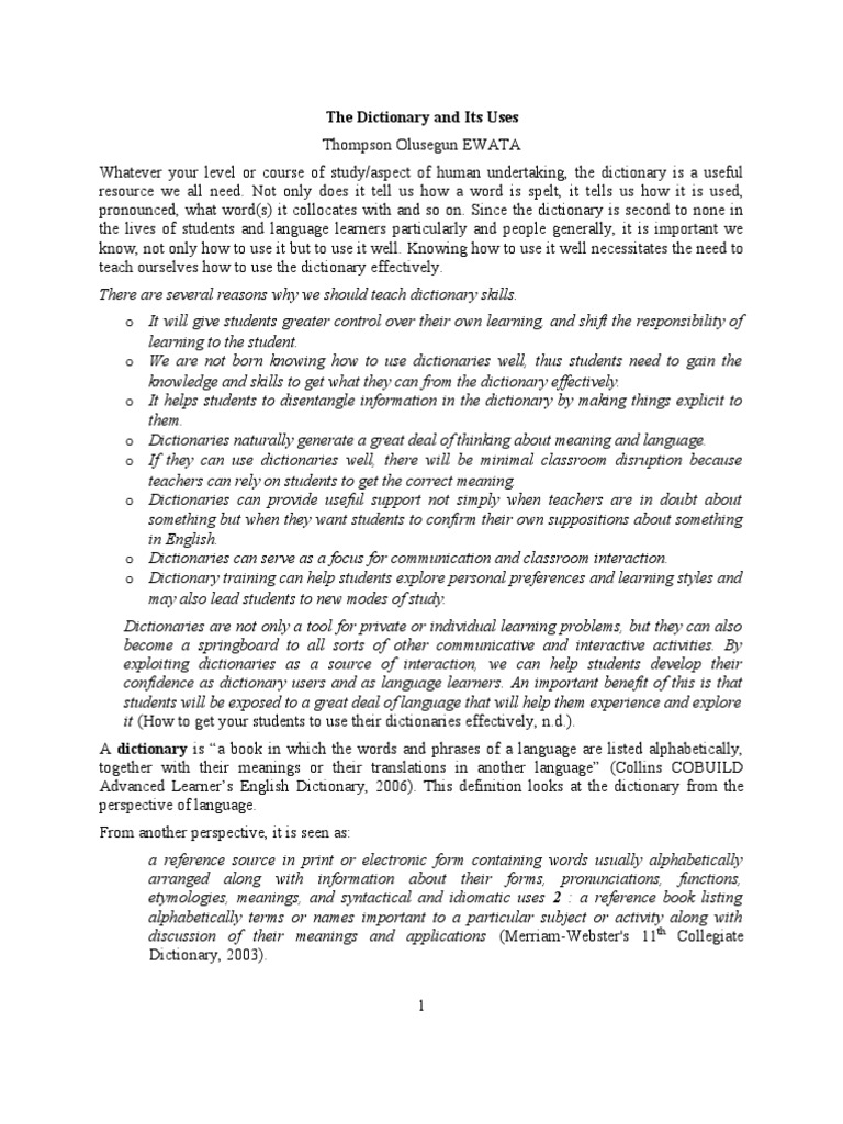 The Dictionary and Its Uses | PDF | Dictionary | Part Of Speech
