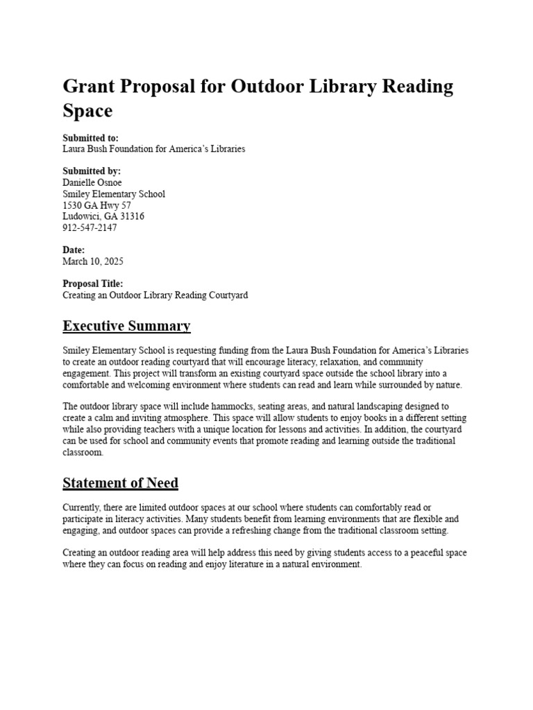 Grant Proposal For Outdoor Library Reading Space | PDF | Teachers ...