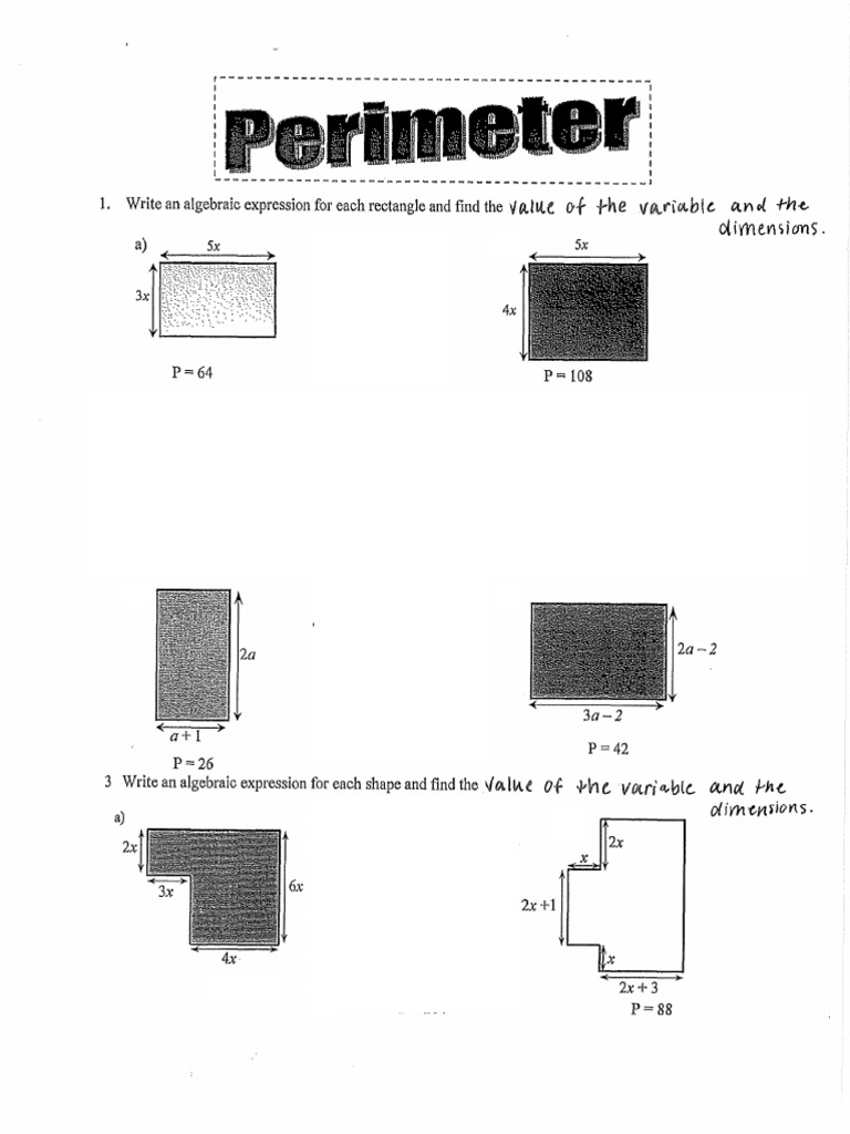 Perimeter Solving Equations Worksheet | PDF