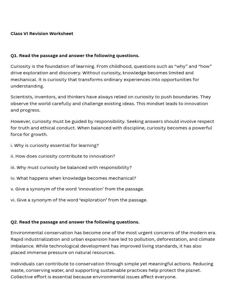 Class VI Revision Worksheet | PDF