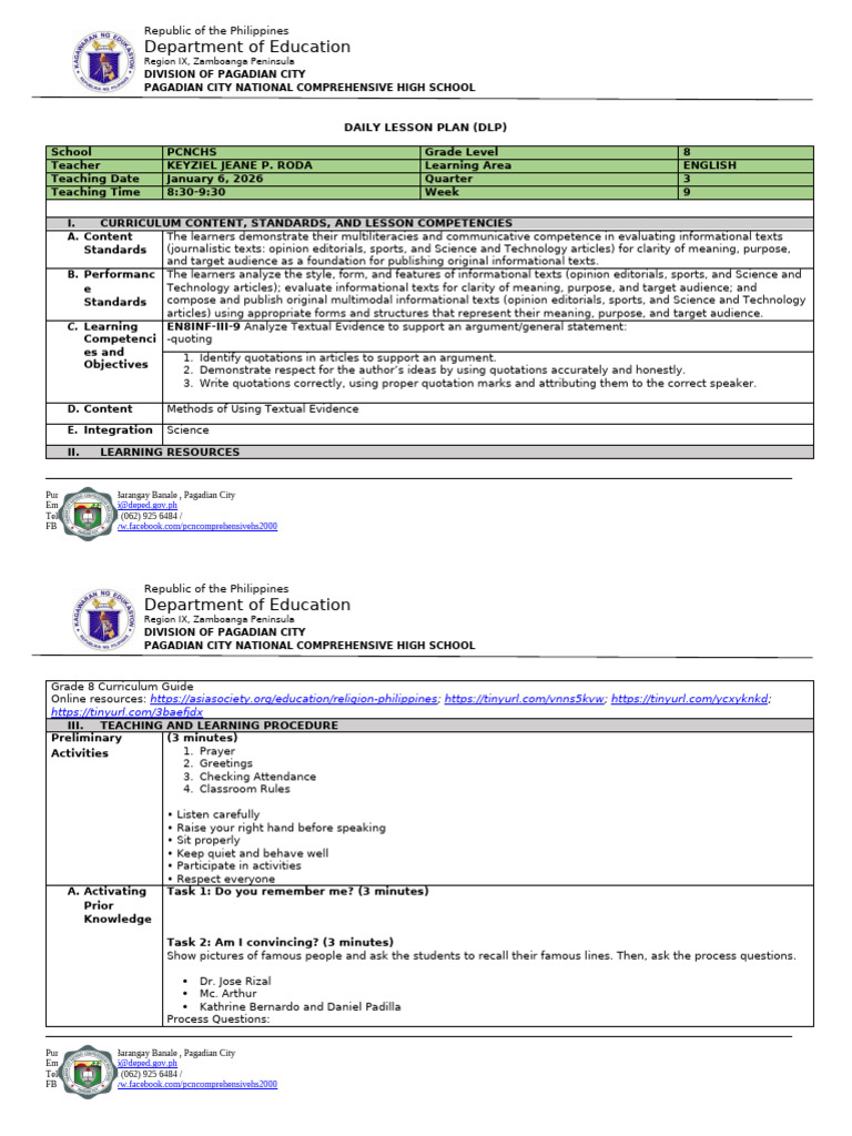 Detailed Lesson Plan English-8: Methods of Using Textual Evidence | PDF ...