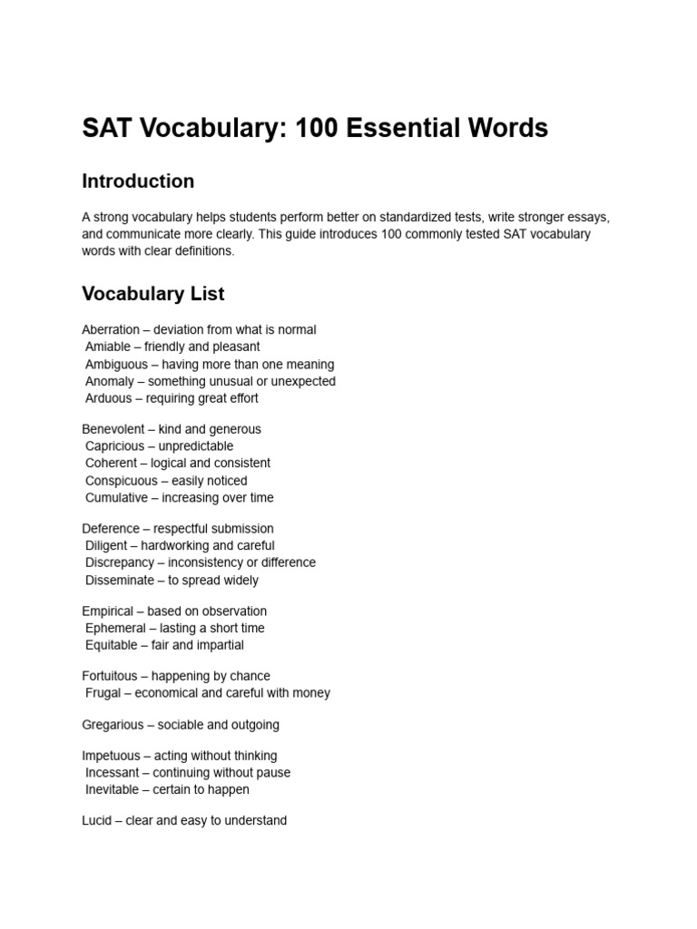 SAT Vocabulary_ 100 Essential Wordsde for Students | PDF