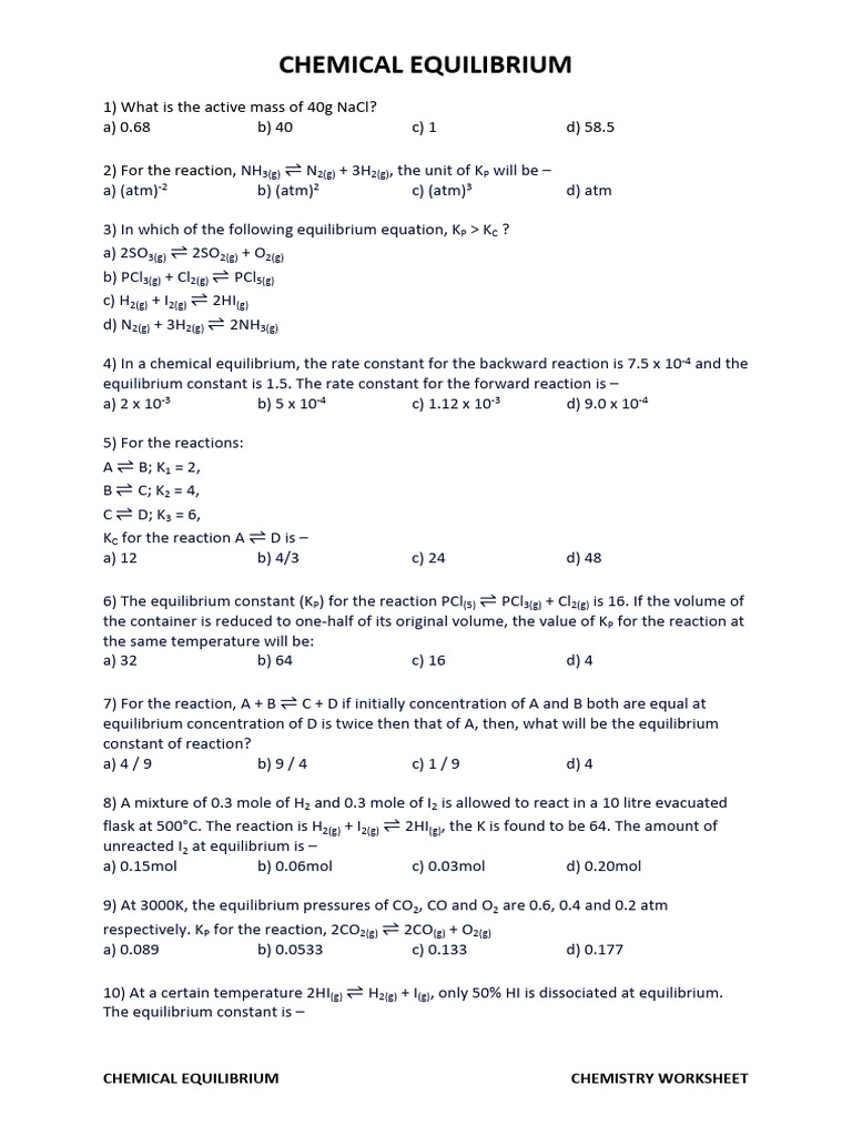 Chemical Equilibrium Worksheet | PDF | Chemical Equilibrium | Chemical ...