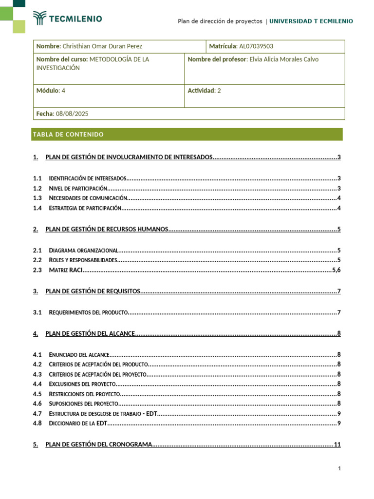 Corrección Duran - Christhian Template Plan Direccion Proyecto ET | PDF ...