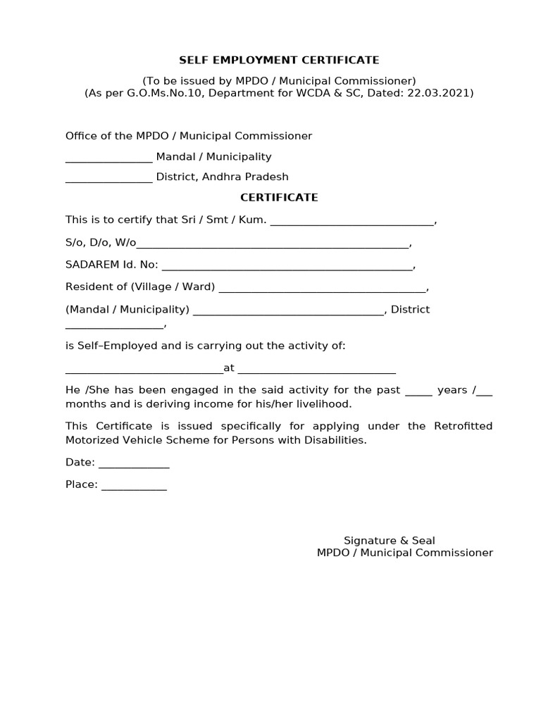 Self Employment Certificate | PDF