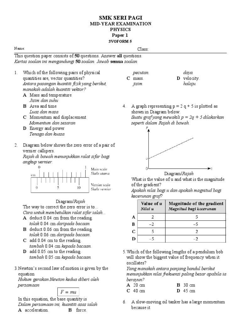 Physics Form 5 Mid Year Paper | PDF