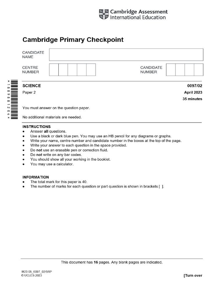 Cambridge Primary Checkpoint Science Exam Paper 2 April 2023 | PDF