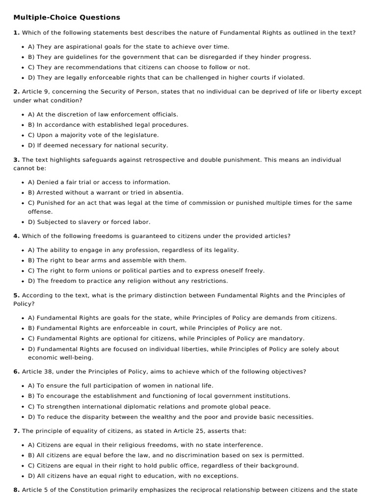 Quiz Multiple-Choice Questions | PDF | Citizenship | Human Rights