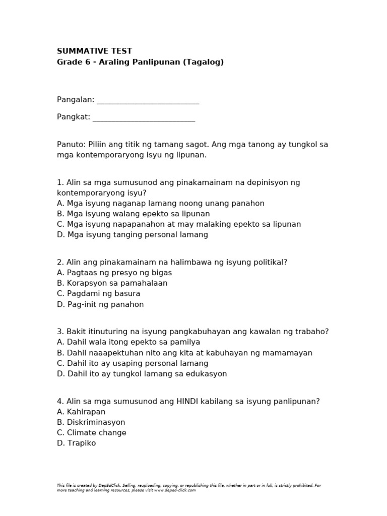 Araling Panlipunan Grade6 Summative Test Tagalog | PDF