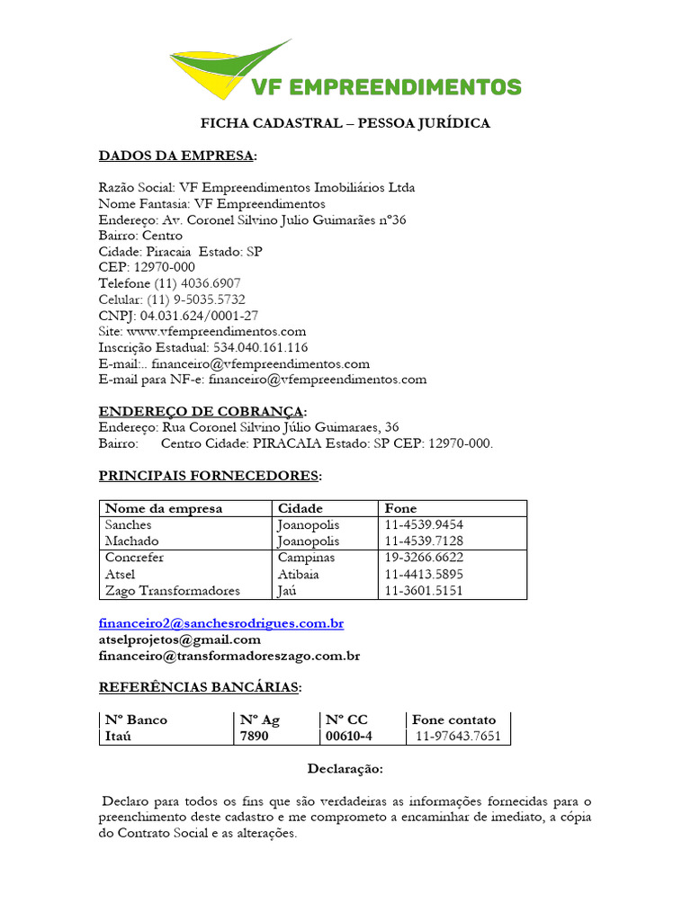 Ficha Cadastral VF SEDE | PDF