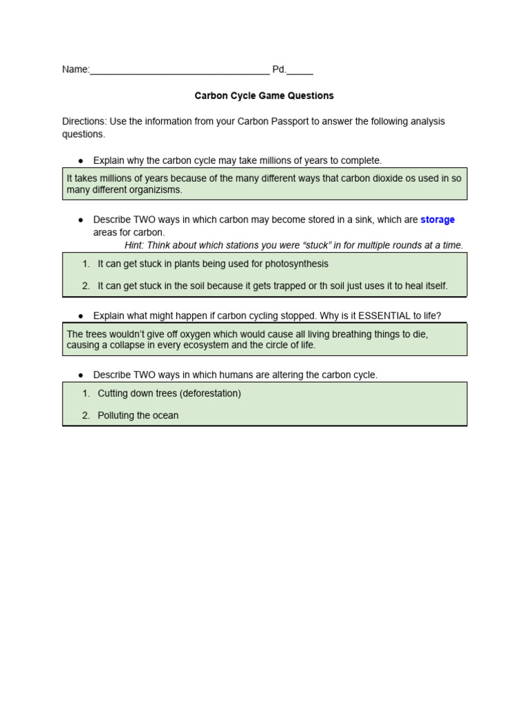 Carbon Cycle - Questions | PDF