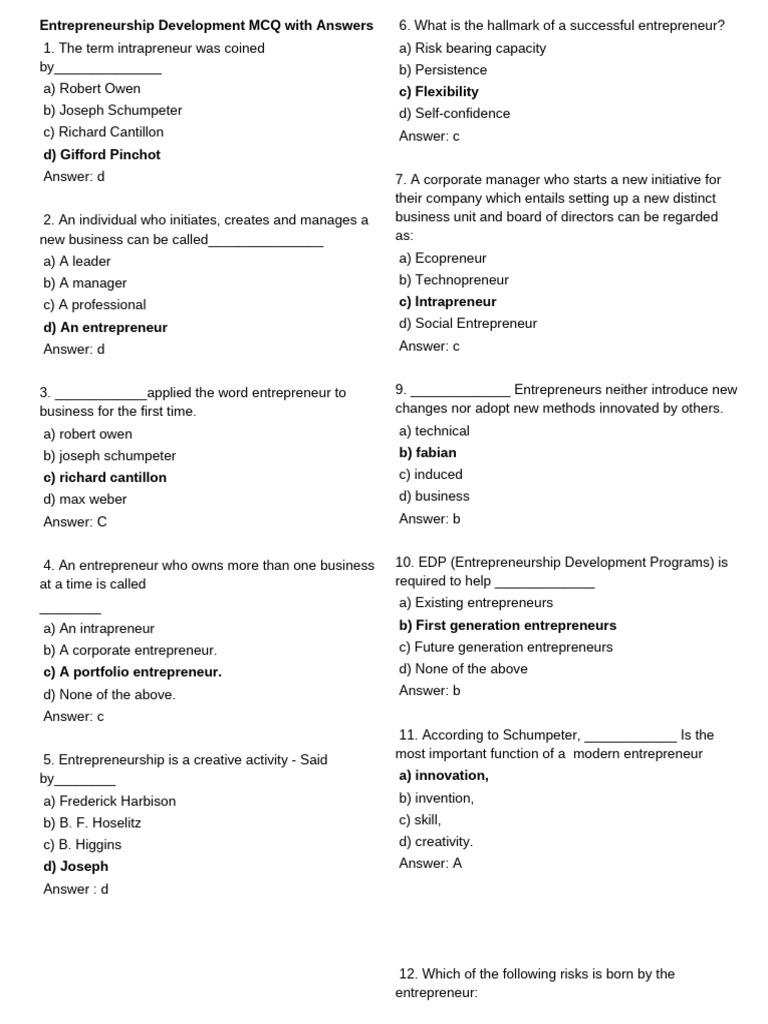Entrepreneurship Development MCQ With Answers For PRINT | PDF ...