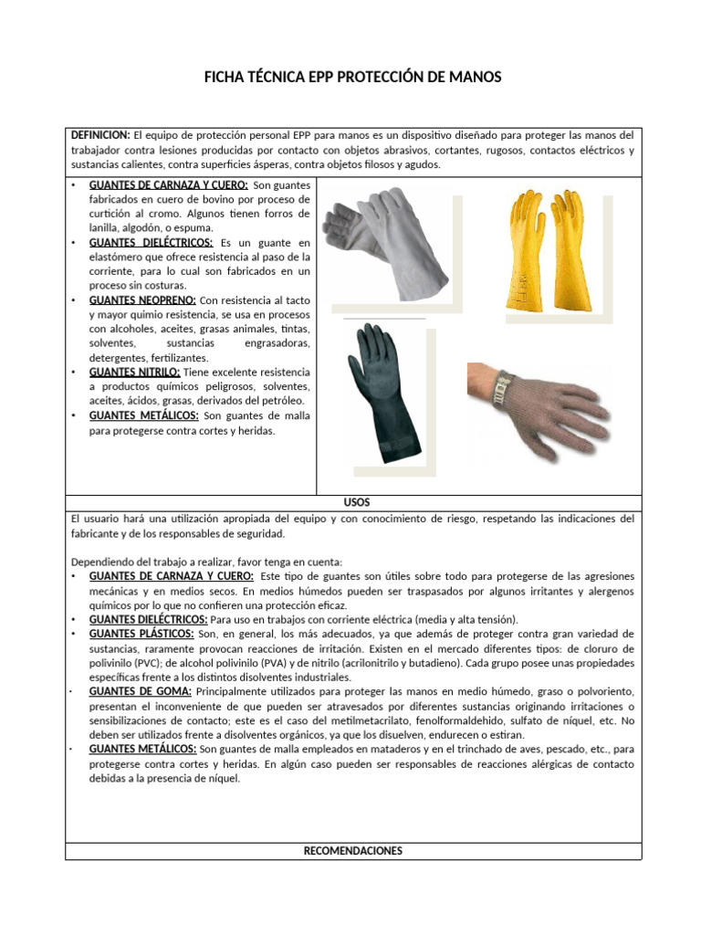 Ficha Tecnica Epp Protección de Manos | PDF | Guante | Cuero