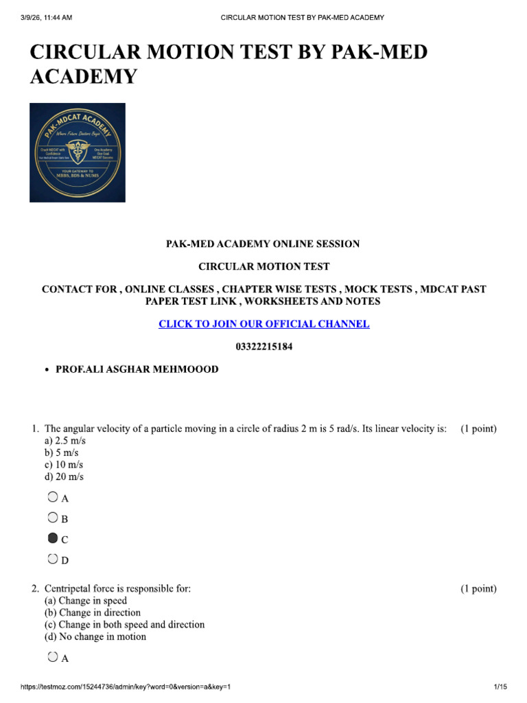 Circular Motion Test by Pak-Med Academy. | PDF
