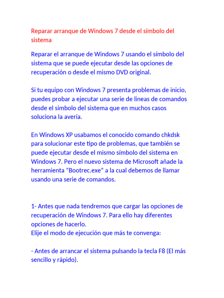 Reparar Arranque de Windows 7 Desde El Símbolo Del Sistema | PDF ...
